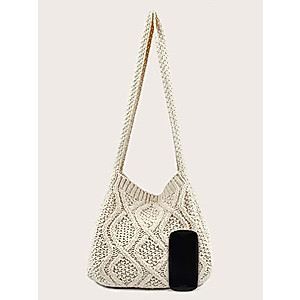 Verdusa Women's Crochet Shoulder HandBags Hobo Knitted Tote Bag Shopping Bags Beige one-size