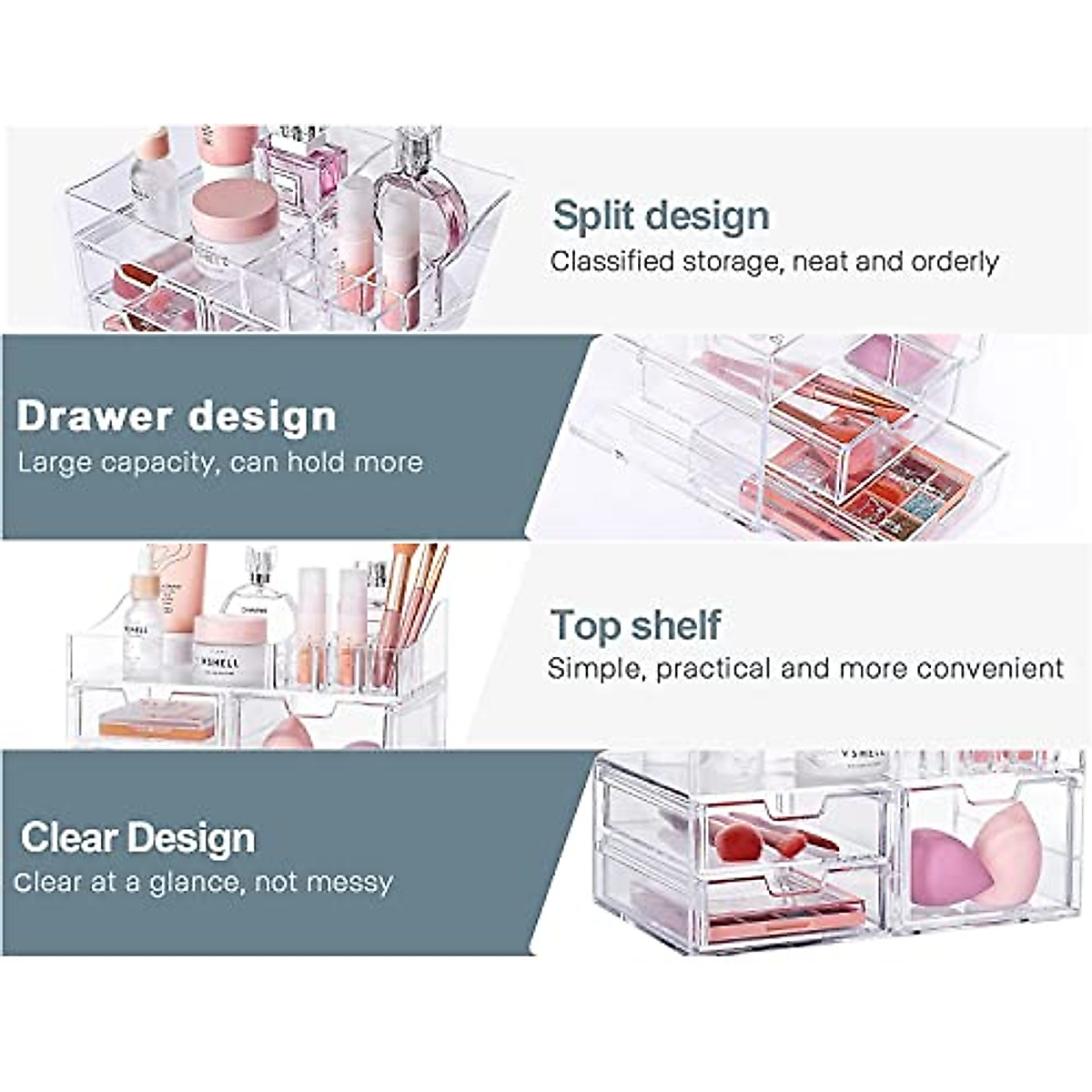 BREIS Makeup Organizer, Clear Acrylic Bathroom Organizers and Storage Box with Drawers for Vanity Skincare Beauty Countertop Desk, Cosmetic Display Case for Perfume Lipstick in Bedroom Dresser Top