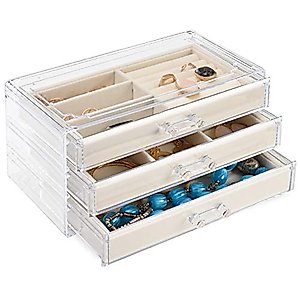 Acrylic Jewelry Organizer Box by Tranquil Abode | Clear Jewelry Box Organizer | 3 Tall Drawers, Velvet Trays | Stackable Display Case Jewelry Storage for Women | Jewelry Organizer Earring Ring Necklace