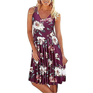 Women's Casual Sleeveless Floral Summer Beach Halter Neck Dresses Tank Mini Sundress(Wine, S)
