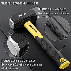 INCLY 4 PCS Geology Rock Pick Equipment Kit, 3lb Sledge Hammer 12" Mason Concrete Flat Chisel, Safety Glasses, Gloves, Tool Set for Hounding,Gold Mining & Prospecting, Brick Stone Breaking