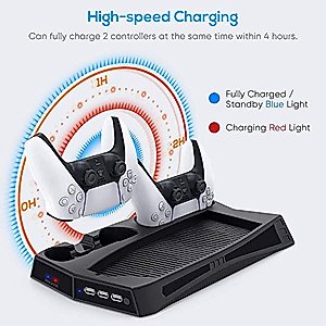 Vertical Stand with Cooling Fan for Playstation 5 and PS5 Digital Edition, Dual Controller Charging Station Horizontal Organizer with 3 USB Hub for DualSense 5…