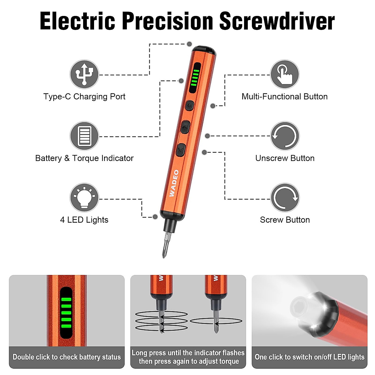 WADEO Electric Screwdriver Set, 82 in 1 Rechargeable Cordless Screwdriver, 64 S2 Preicison Bits, 5 Torque Settings, 4 LED Lights, Precision Screwdriver Kit for PC, Computer, Laptop, Phone, RC Drone