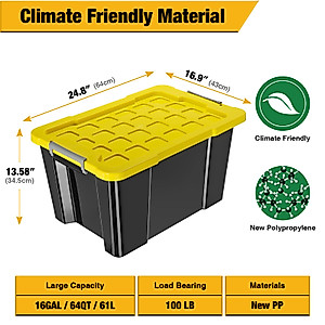 BROVIEW V12 16Gal Heavy Duty Storage Bins with Latching Lids, Stackable Plastic Tough Tote Containers with Handles for Tools Camping Hunting Sporting Goods Organizing (Black Base/Yellow Lid, 4Pack)