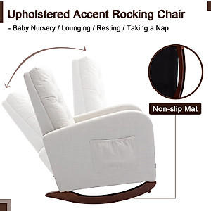 Antetek Modern Accent Rocking Chair, Upholstered Nursery Glider Rocker for Baby and Kids, Comfy Armchair with Pocket, Living Room Lounge Arm Chair, High Backrest with Decorative Buttons, Off White