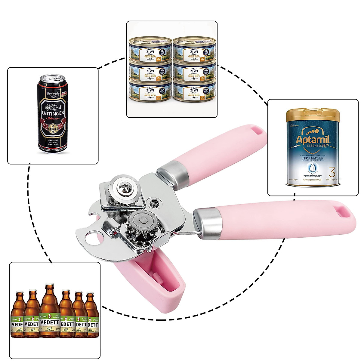 Uyauld Manual Can Opener, Handheld Tin Opener Cork Screw, Easy Turn Knob, Built in Bottle Opener, Hangs for Convenient Kitchen Storage, Easily Open Tin Cans, 2 Silicone Lid Cover for Can, Pink