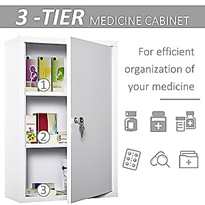 kleankin Steel Wall Mount Medicine Cabinet 3 Tier Emergency Box for Bathroom Kitchen, Lockable with 2 Keys, White