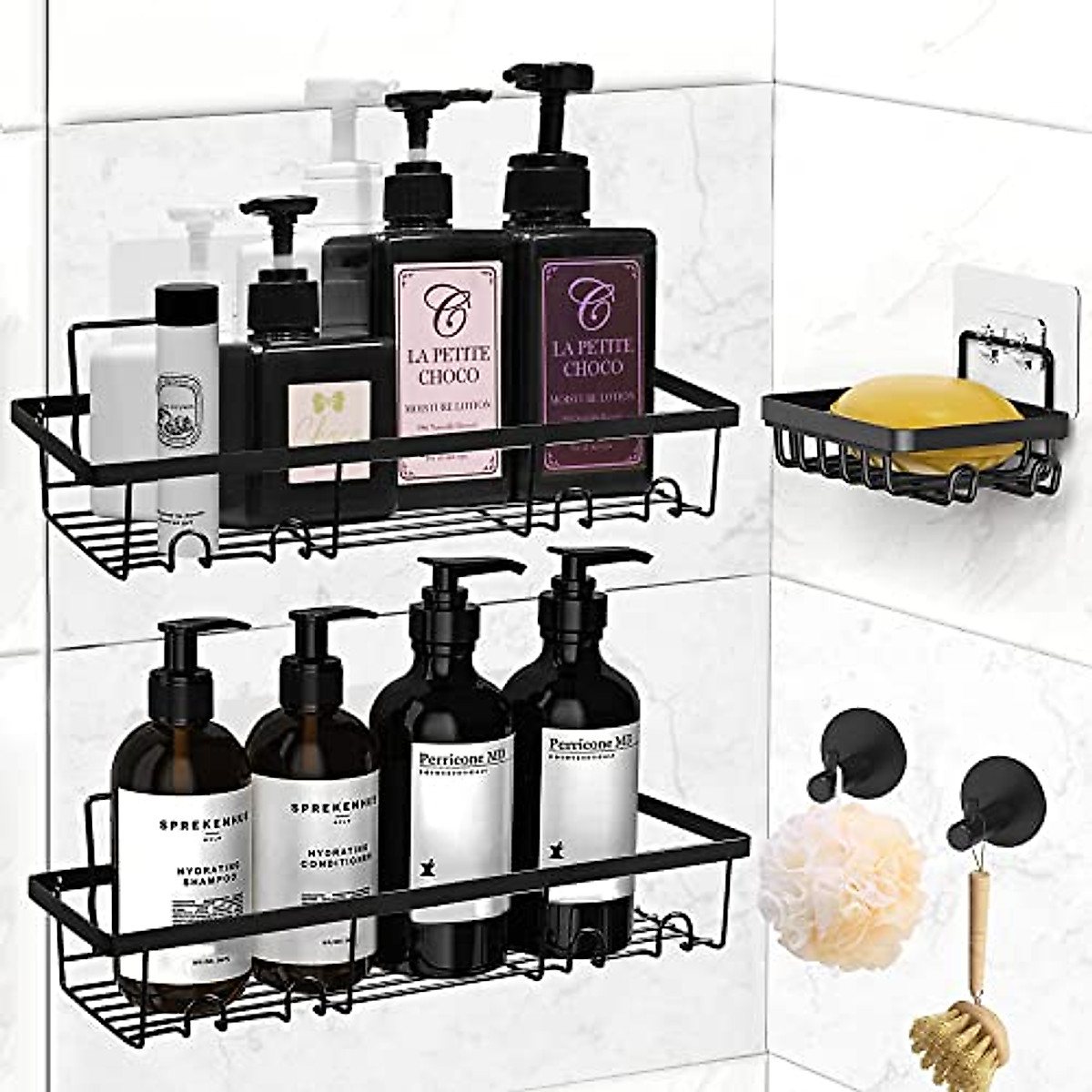 KAREEME Shower Caddy, Shower Shelf with 8 Hooks, 5-Pack Self Adhesive Bathroom Shower Organizer with 2 suction cup hooks, No Drilling Stainless Steel Rustproof Shower Shelves for Inside Shower(Black)