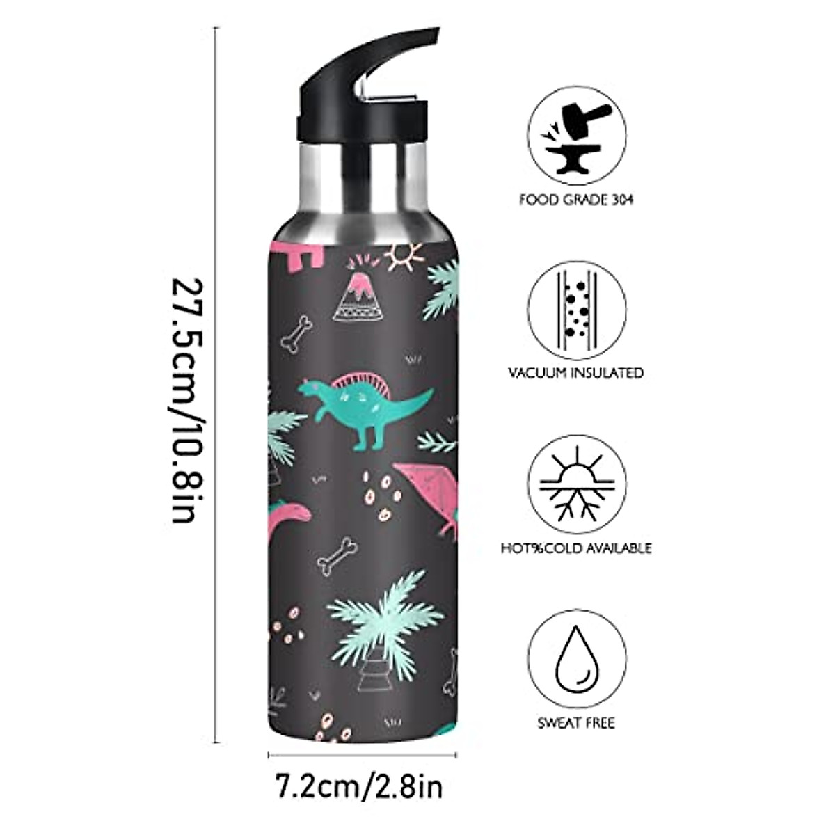 OREZI Vector Childish Dinosaurs Water Bottle Thermos with Straw Lid for Boys Girls,600 ml,Leakproof Stainless-Steel Sports Bottle for Women Men Teenage