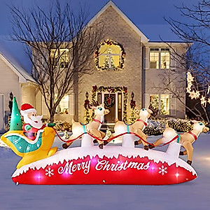 Danxilu 10 FT Long Christmas Inflatable Santa Sleigh with 3 Reindeer Outdoor Decorations, Built-in Colorful LEDs Blow Up Santa Claus Yard Decoration Décor for Xmas Holiday Garden Lawn Patio Roof