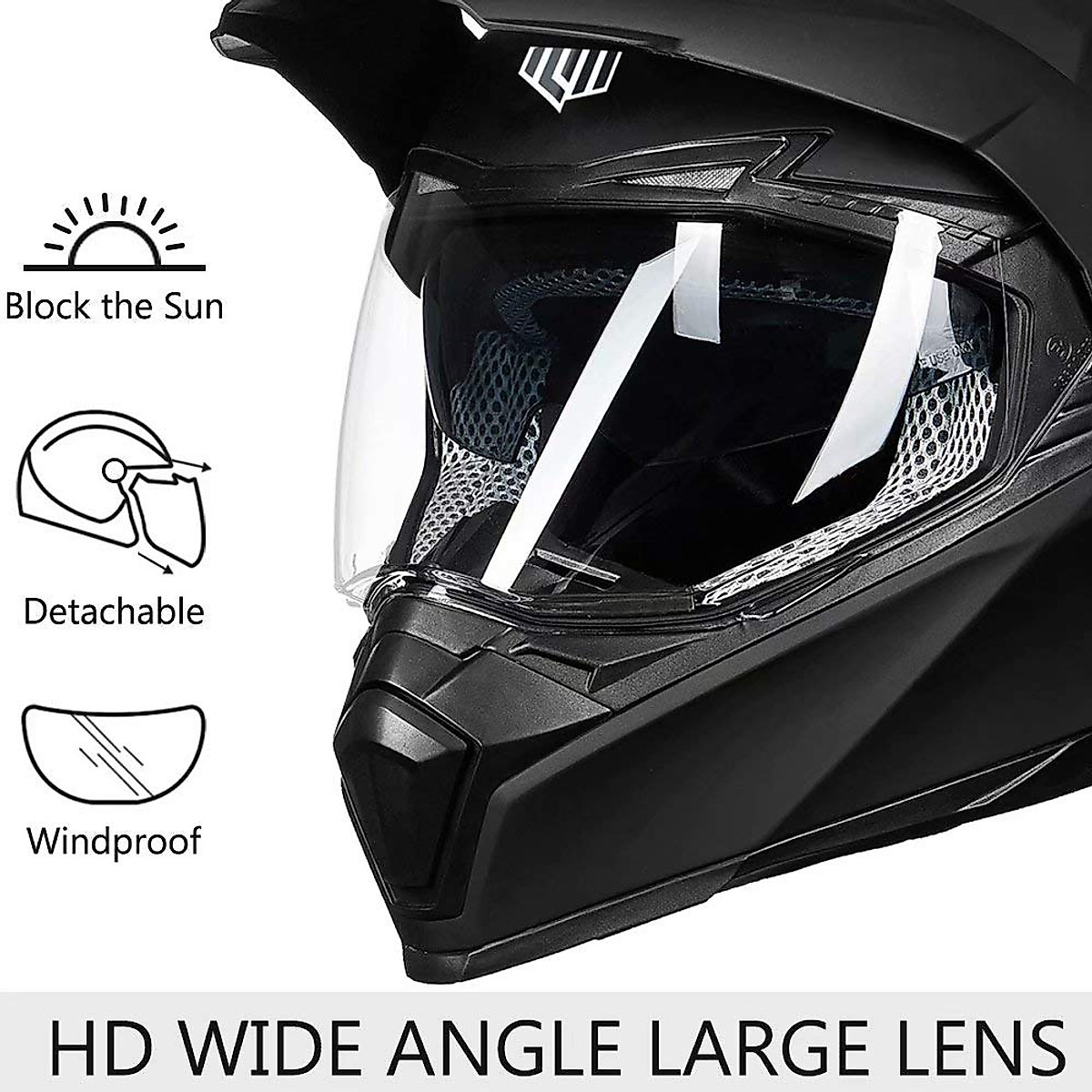 ILM Off Road Motorcycle Dual Sport Helmet Full Face Sun Visor Dirt Bike ATV Motocross Casco DOT Certified Model 606V(Matte Black, L)