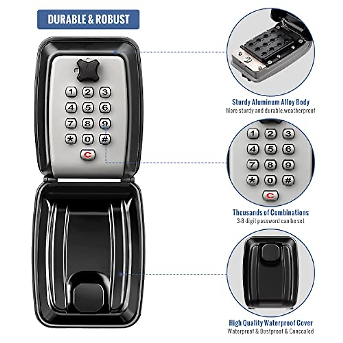 HUANLANG Key Lock Box for Outside 12 Digit Push Button Lockbox for Keys Outdoor Hanging Waterproof Lock Box for House Key Portable Key Safe Combination Lockboxes for Realtors Home School Airbnb Office