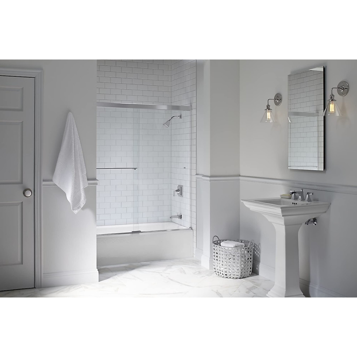 KOHLER Revel sliding bath door, 55-1/2"H x 56-5/8 – 59-5/8"W, with 1/4" thick Crystal Clear glass