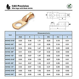 Ring Terminal Connectors Battery Wire Lugs Pure Copper Heavy Duty Cable Ends with Heat Shrink Tube 2AWG 4AWG 6AWG 8AWG (4AWG 5/16" Ring)