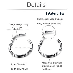 THUNARAZ 3 Pair Stainless Steel 16G Sleeper Earrings Septum Clicker Lip Nose Ring Body Piercing Silver-tone