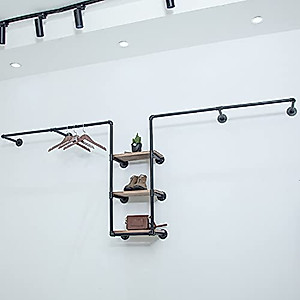 CIVANA Black Garment Rack,Industrial Pipe Clothing Rack Rustic Garment Hanging Bar, Retail Display Shelf with 3 Tiers Wood, Boutique Multi-Purpose Storage Rack (Black, 110'' L)