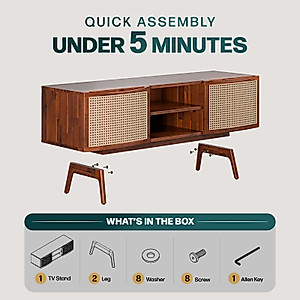 Bme TV Stand with Elegant Curved Shape & Inlaid Rattan, Nancy Solid Wood Tv Stand, Craft to Last Entertainment Center with Smiley Handle & Adjustable Shelf, Mid Century Modern TV Media Console