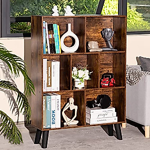 LELELINKY Mid Century 7 Cube Bookshelf,3 Tier Modern Bookcase with Legs,Rustic Brown Bookshelves Storage Organizer Shelf,Wood Short Book Shelves,Free Standing Display Bookcases for Bedroom,Living Room