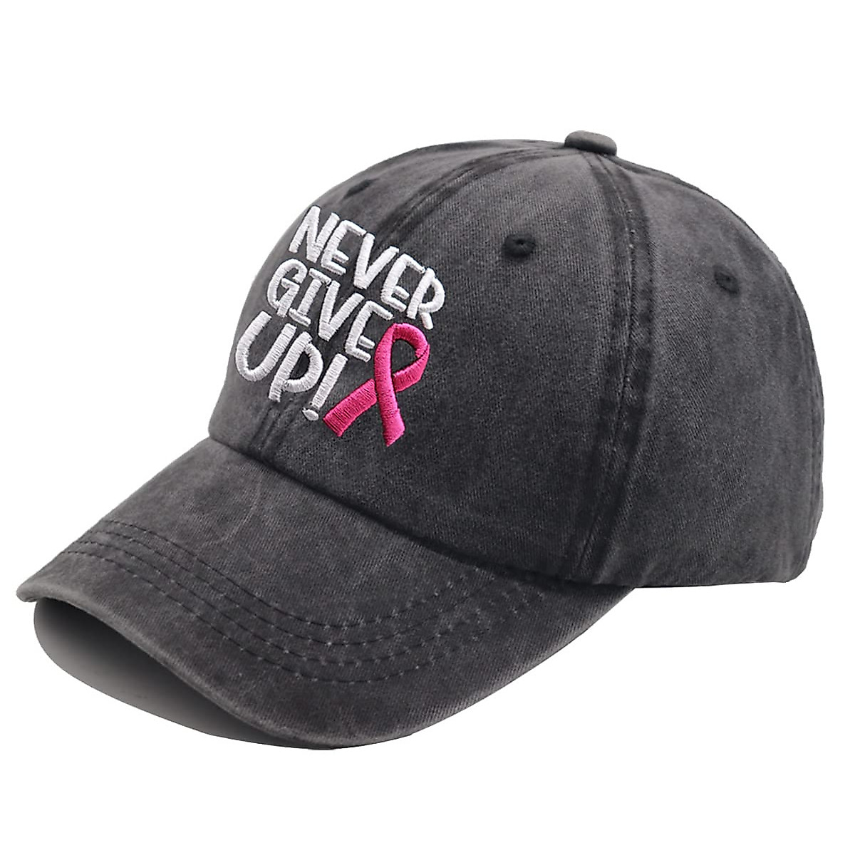 HHNLB Women's Pink Ribbon Breast Cancer Awareness Hat, Funny Survivor Gifts for Women, Embroidered Adjustable Never Give Up Baseball Cap