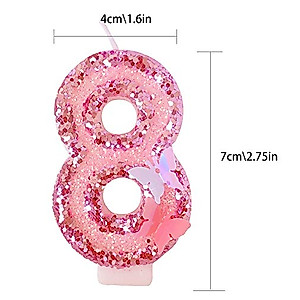 Birthday Candles Number 8,Pink Glitter Happy Birthday Cake Candles Handmade Sequin Numeral Candle