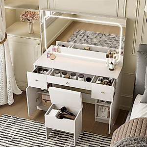 ClouDDwell Makeup Vanity Desk with Large Mirror and LED Lights, 3 Lighting Modes and Power Outlet. Makeup Vanity with 3 Drawers,2 Cabinets and Chair, Stool with Storage, for Bedroom, White, 1 Case