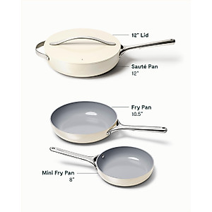 Caraway Fry Pan Trio - Non-Stick Frying Pans (10.5” & 8”) & Non-Stick Saute Pan - Non Toxic, PTFE & PFOA Free - Oven Safe & Compatible with All Stovetops (Gas, Electric & Induction) - Cream