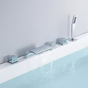 Deck Mount Roman Tub Faucet Set, Waterfall High Flow Chrome Bathtub Faucets, 12-15.7in Widespread, Deck Mount Tub Faucet with Valve, 5 Holes Bath Tub Faucet Set,14GPM@60PSI,with Handheld Shower