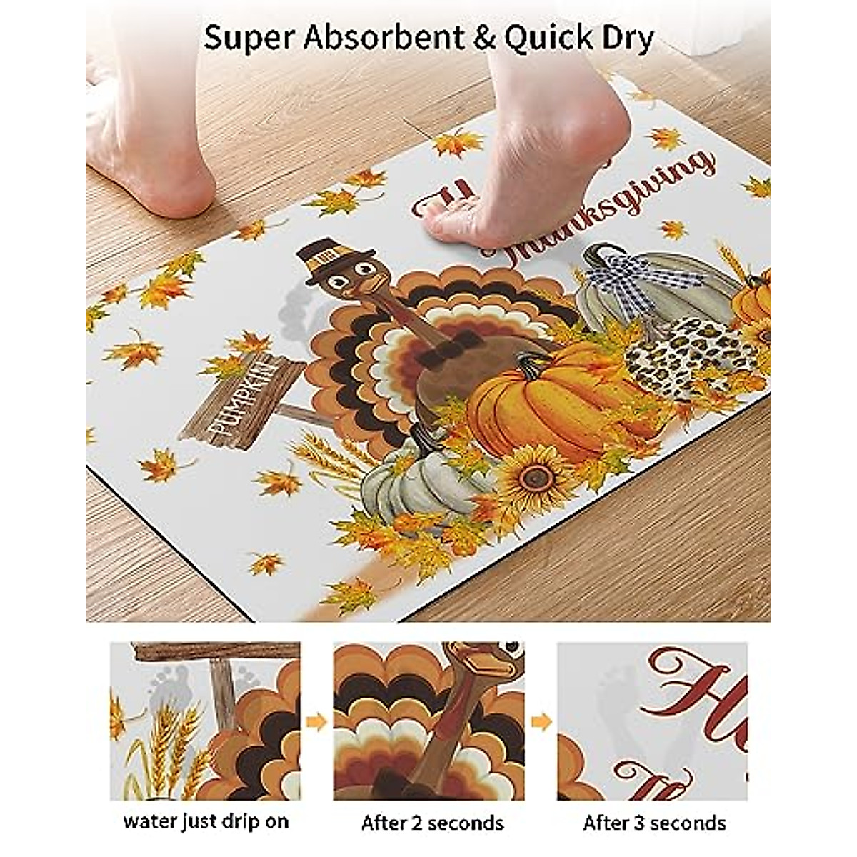 KITHOME Bath Mat for Bathroom Non Slip Thanksgiving Farm Turkey Pumpkin Sunflowers Diatomaceous Earth Bath Mats Highly Absorbent Door Mat Diatom Mud Washable Bathroom Mat for Tub Shower 16x24 Inch