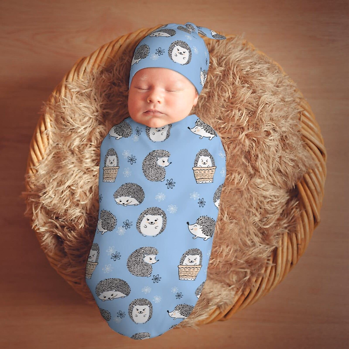Muishi Cute Hedgehogs Blue Newborn Swaddle Blankets Hat Sets Soft Baby Receiving Blanket Swaddle Sack for Baby Shower Infant Boy Girl Gift