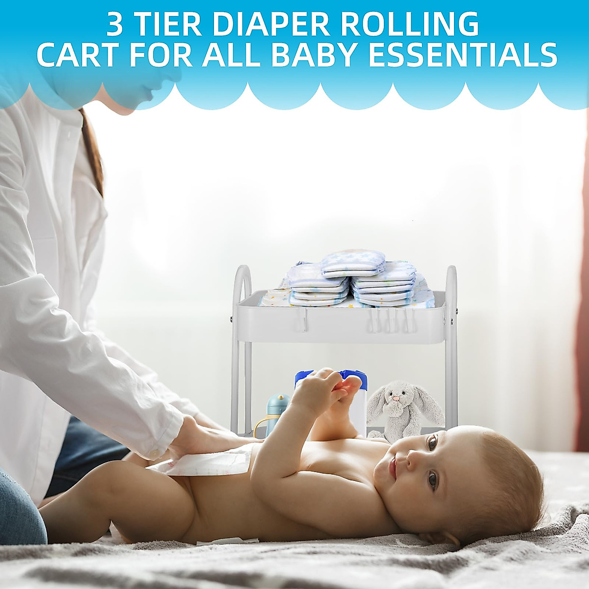 3-Tier Utility Rolling Cart Utility Cart with Wheels Baby Diaper Caddy Cart Metal Nursery Storage Organizer Organizer for Baby Diapers Essentials Storage Cart for Living Room Kitchen Office Bathroom