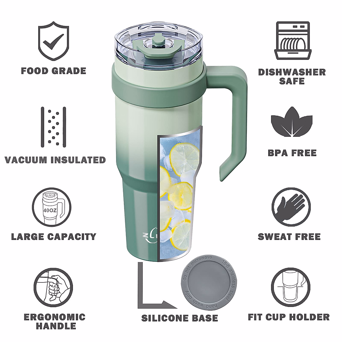 ZLINS 40 oz Tumbler with Handle Lid and Straw, Vacuum Insulated Cup, Leak Proof Stainless Steel Coffee Travel Mug, Reusable, Keeps Cold or Hot for Hours(Green Ombre)