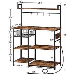 HOOBRO Kitchen Bakers Rack with Power Outlet, Coffee Bar, Microwave Oven Stand with Mesh Basket, Coffee Station with 4 S-Shaped Hook, Kitchen Shelf, for Kitchen, Living Room, Rustic Brown BF05HB01