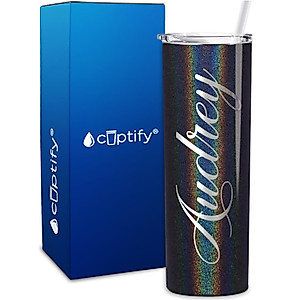 Personalized Skinny 20 oz with Lid on Black Glitter Customized Laser Engraved Cup Gift Stainless Steel Vacuum Insulated Mug