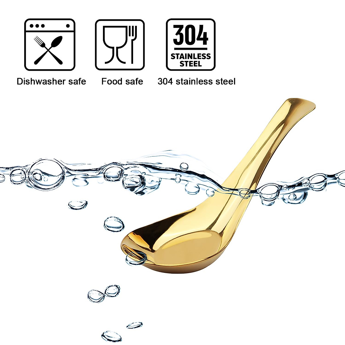 Asian Soup Spoons Stainless Steel Chinese Soup Spoons Set of 6 Soup Spoons Silverware Cucharas Para Comer for Ramen Pho Wonton Dumpling Noodles (gold)