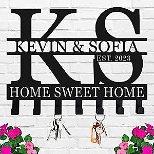 HRZSIGNFC Personalized Couple Names Key Holder for Wall, Metal Key Hooks for Wall, Custom Name Key Rack for Wall, Coat Rack, Towel Rack…