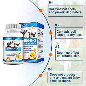 Omega 3 for Dogs, 180P Omega 3 Fish Oil Tablets for Dogs Supports Seasonal Allergies Relief, Itch Skin Relief & Promote Coat Health, Pet Dog Fish Supplements with Omega-3 6 9, Vitamin E - 180 Tablets