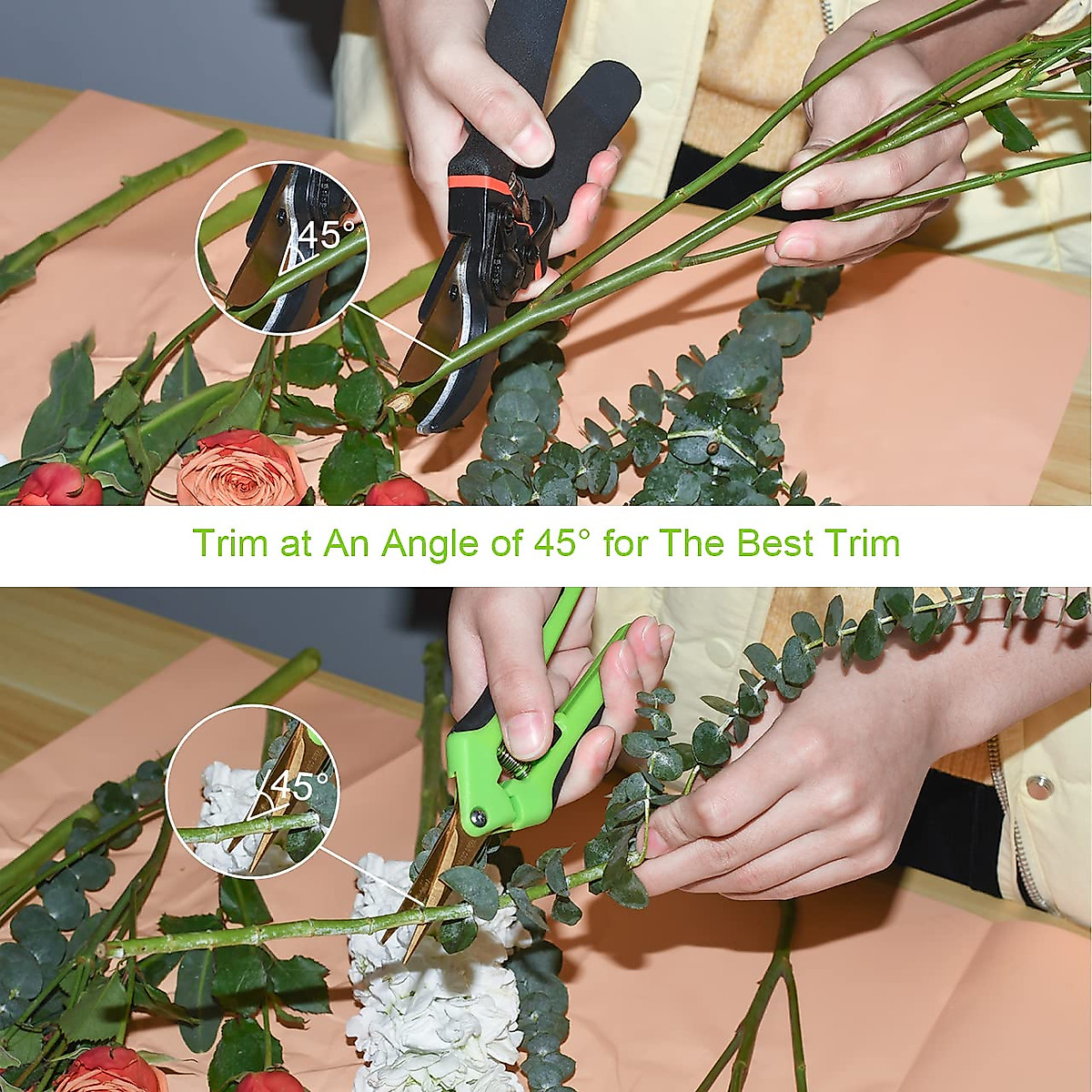 Pruning Shears Garden Scissors Clippers, 1 Pack 8" Professional Sharp Bypass Pruning Shears and 1 Pack 6.5 Inch Gardening Scissors Hand Pruner Pruning Shear with Curved Precision Blades