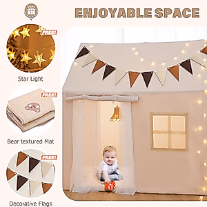 TreeBud Play Tent with Padded Mat, Pennant Banners, Star Lights - Kids Playhouse with Large Space for Indoor Outdoor, Large Play House Toys for Toddler, Boys and Girls, Side Door Roller Blind