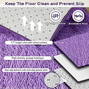 Terrug Super Soft Shaggy Fluffy Rugs for Kids Room, Home Decor Area Rugs 4x6 Feet for Bedroom, Cute Plush Rugs for Girls Bedroom Dorm, Non-Slip Carpet for Living Room (4X6 Feet, Purple)