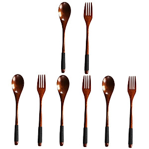 HOMSFOU 4pcs Japanese Wooden Handle Fork and Spoon Wood Soup Wood Cake Forks Stainless Steel Flatware Wooden Forks and Antique Flatware Wooden Tableware Kits Travel Salad Solid Wood