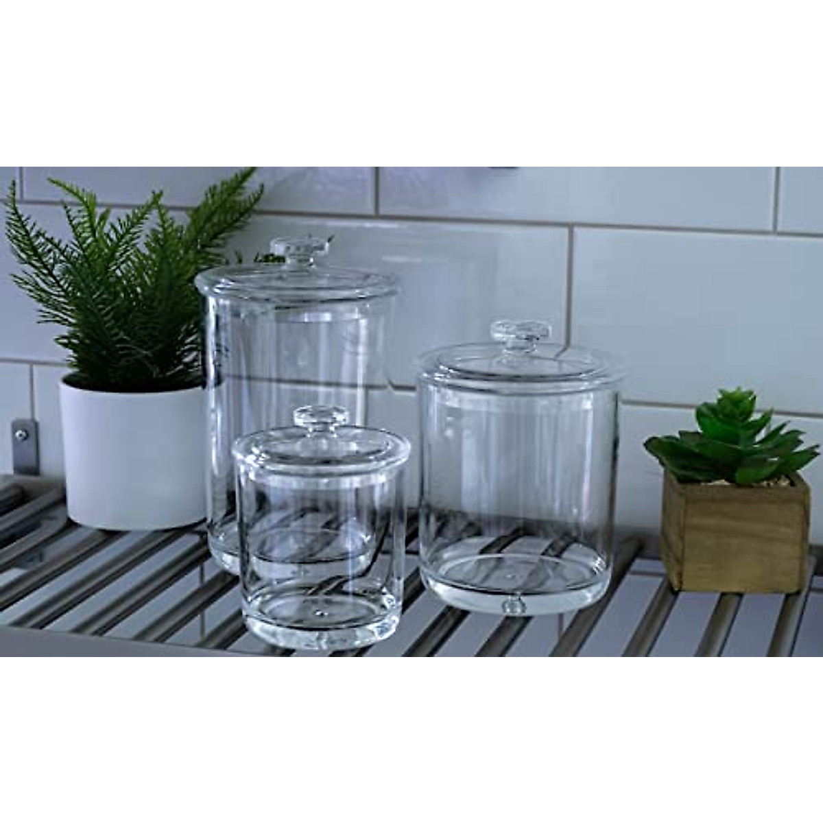 Premium Quality Clear Acrylic Plastic Apothecary Jars with Lids for Bathroom & Kitchen Organization – Containers are Elegant Durable Organizers Great for Q-Tip Cotton Swabs, Food & Candy Storage – BPA -Free – Set of 3 Sizes - 15, 35 & 45 oz