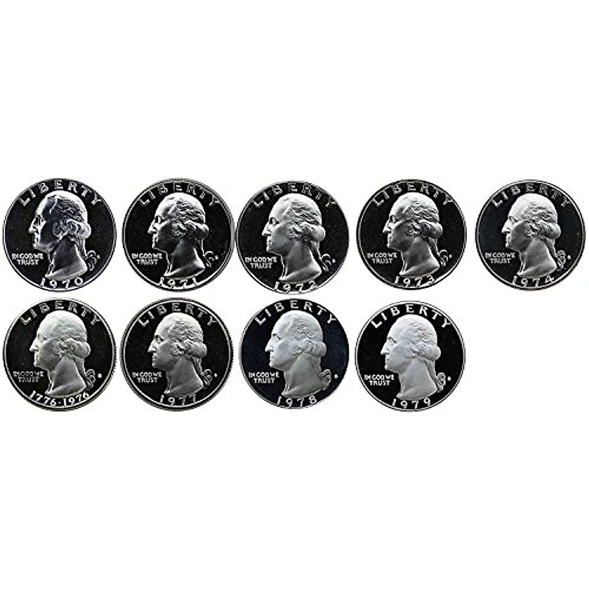 1970 S - 1979 S Washington Quarters Gem Proof Run 9 Coins US Mint Decade Lot Complete 1970's Set Uncirculated