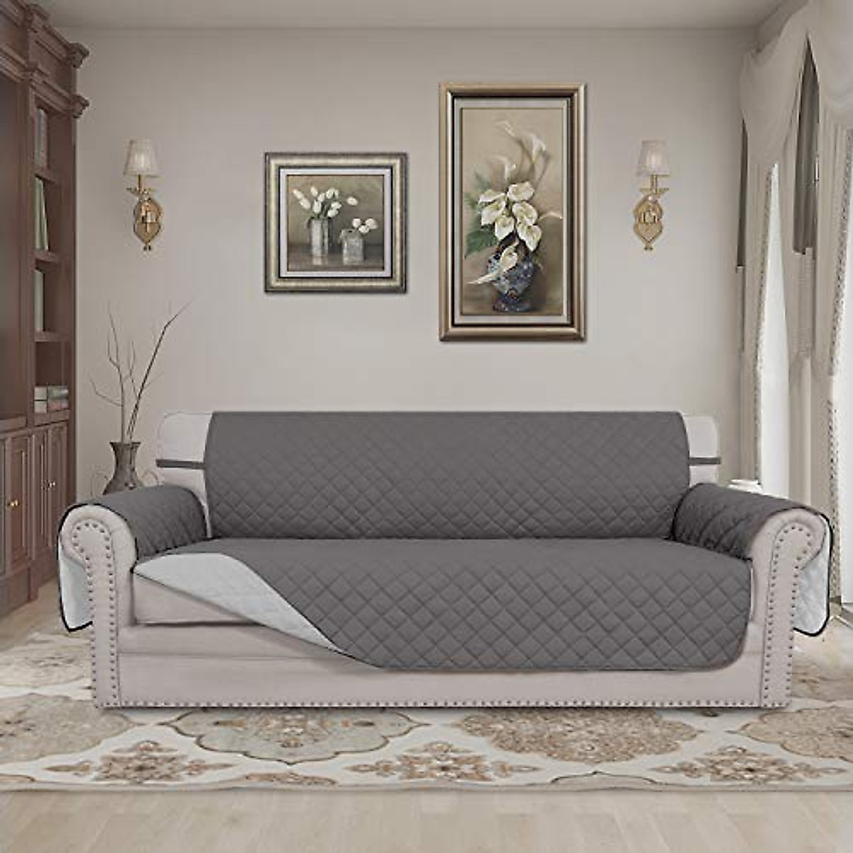 Easy-Going Reversible Oversized Couch Cover for 3 Cushion Couch Sofa Cover for Dogs Water Resistant Furniture Protector Cover with Foam Sticks for Pet (Oversized Sofa, Gray/Light Gray)