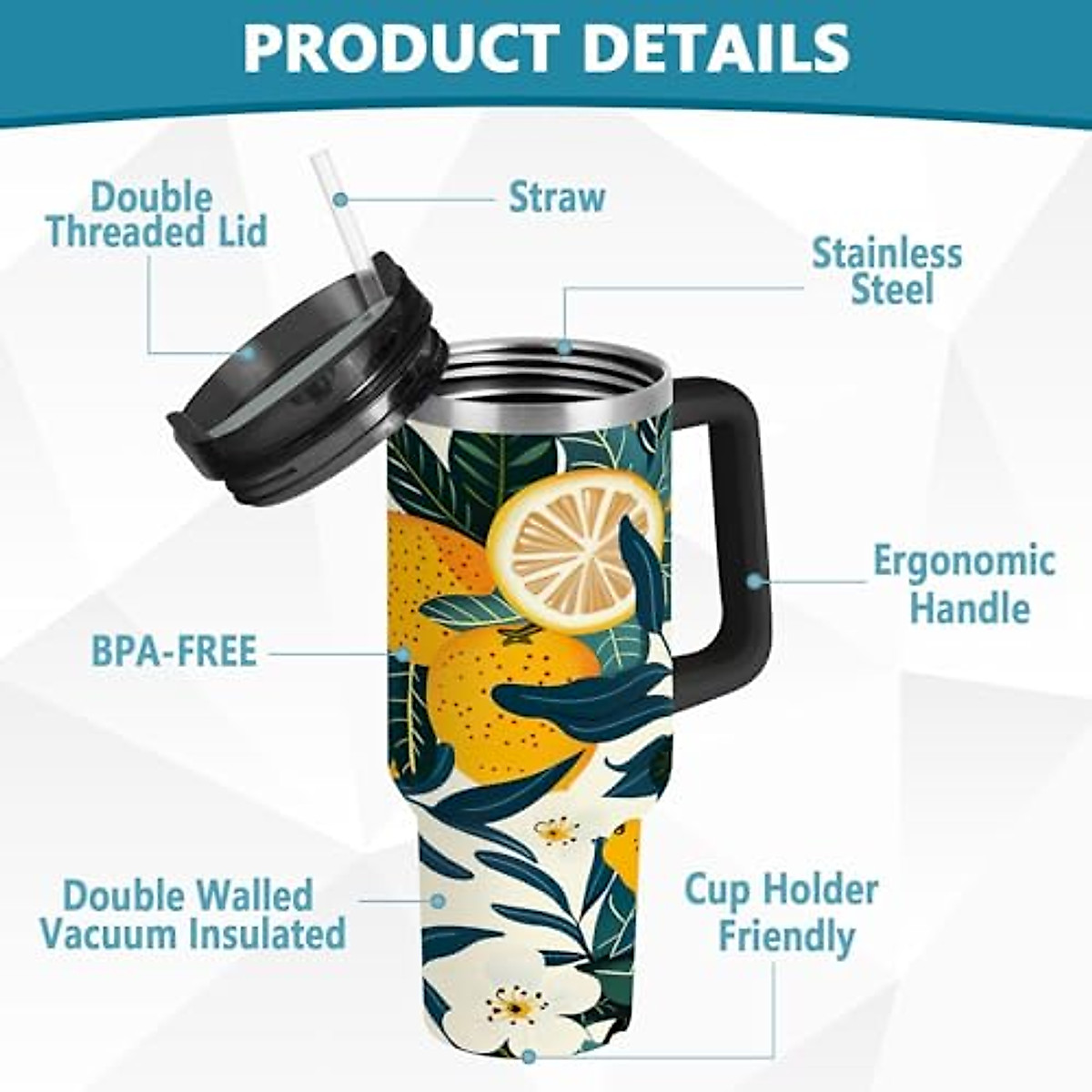 FRCSDIY Leaf Lemon Insulated Tumbler with Handle and Straw Lid,30oz Leakproof Stainless Steel Cup BPA-Free Water Bottle