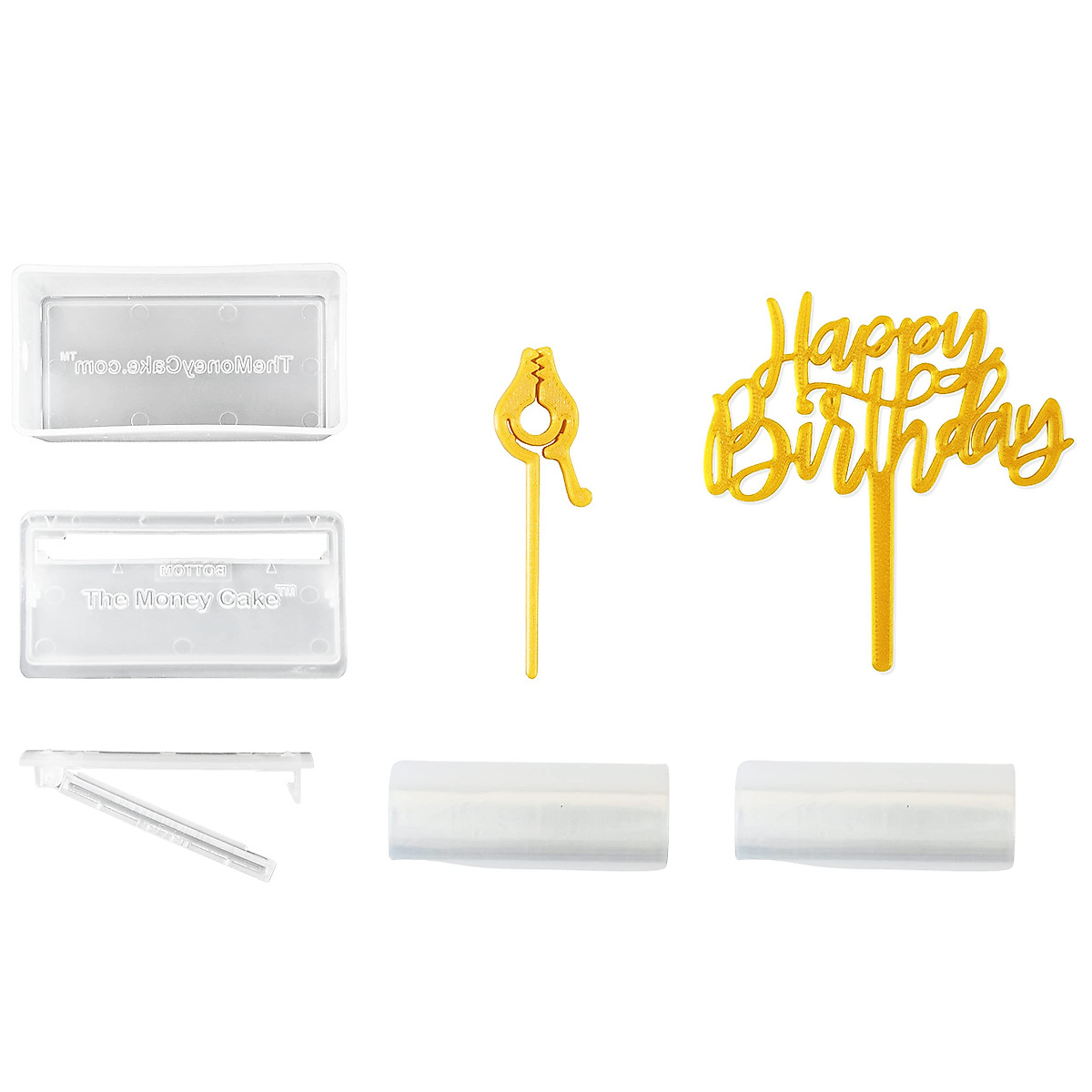 The Money Cake - Money Cake Pull Out Kit Includes 1 Money Box 2 Plastic Roll 40 Transparent Bag Connected Pocket Each, and 2 Surprise Cake Toppers for Birthday and Graduation Parties