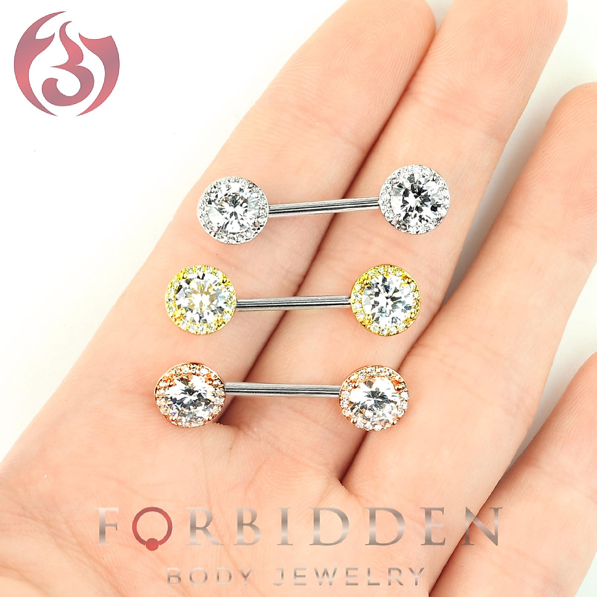 Forbidden Body Jewelry Fancy CZ Halo Frame Surgical Steel Nipple Barbells Set