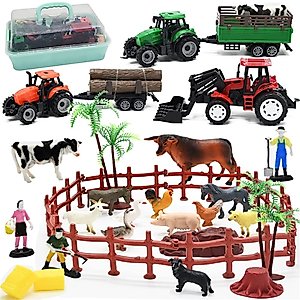 Farm Animals Figures Playset, 40 Pcs Farm Toy Tractor with Plastic Farm Animals Figurines, Farmer and Fence Farm Playset, Farm Figures Farmer Truck Toy with Trailer for Kids Boys Girls Toddlers 3+
