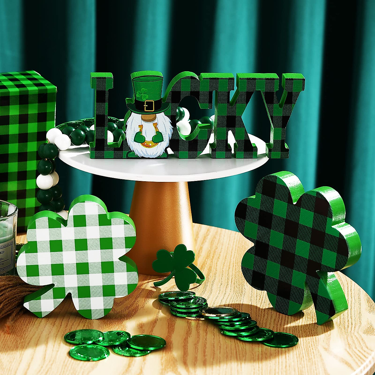 3 Pieces St. Patrick's Day Table Wooden Signs, Shamrock Tiered Tray Decor Lucky Table Decor Irish Freestanding Tray Tabletop Decorations for Home Decor Party Decoration