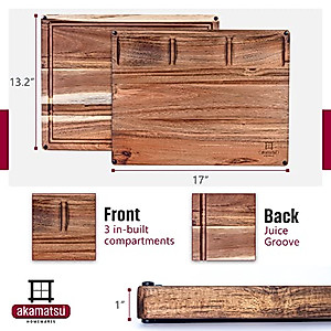 AKAMATSU HOMEWARES | RYOKAN Acacia Wood Cutting Board | Edge Grain XL Cutting Board with Deep Juice Well | 17x13.2x1" Charcuterie Board Serving Platter with Sorting Compartments | Sustainable Gift Box