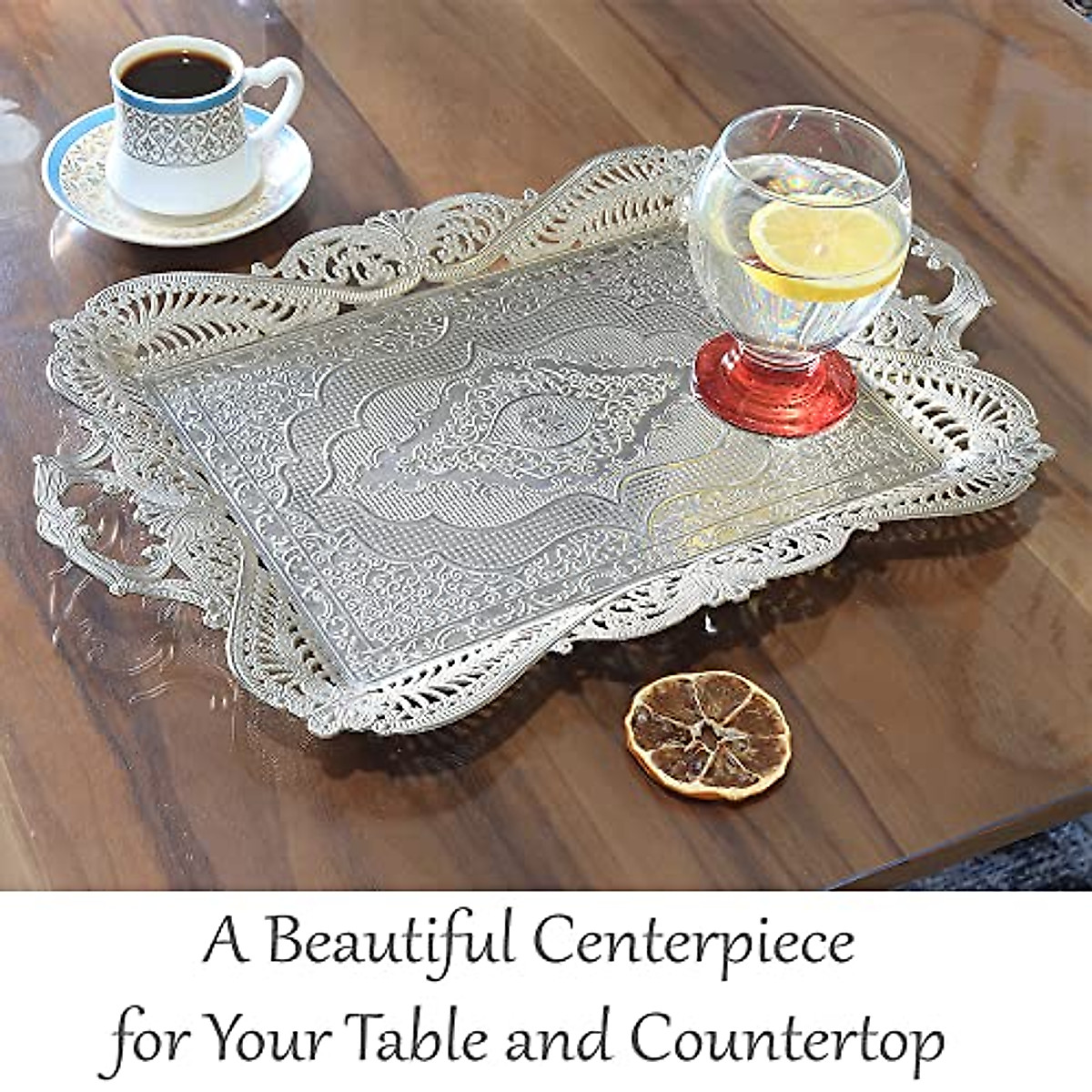 Silver Turkish Tea Coffee Serving Tray with Handles Metal for Outdoor Bar Dresser Platter Table Kitchen Antique Wedding Moroccan Copper Vanity Rectangle Fancy Brass Style Decorative Tray